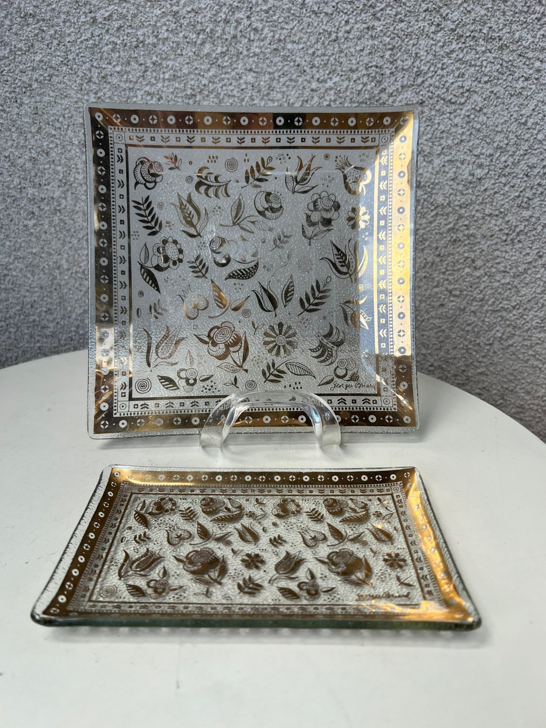 Vintage MCM Hollywood Regency Glass Bent Trays Set 2 Square Clear With ...