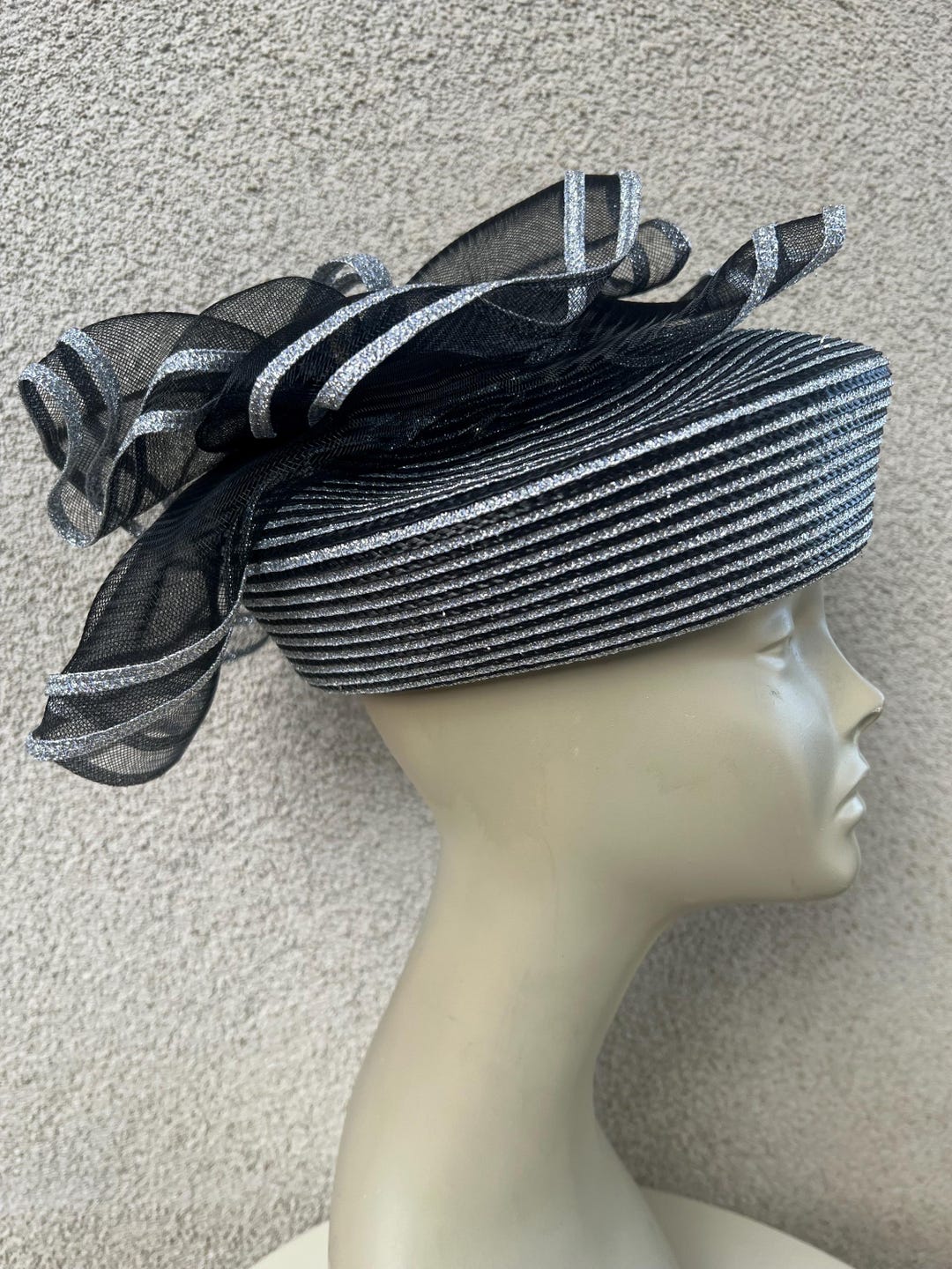 Vintage Retro Pillbox Hat Black Silver Faux Straw Netting With Faux ...