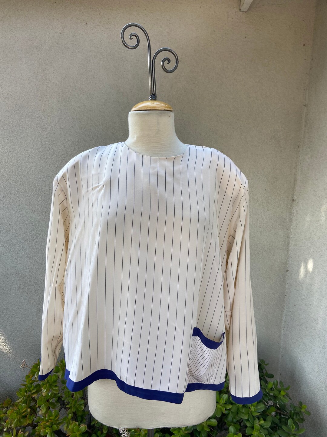 Vintage Cream Silk Shirt Top With Blue Pinstripes Pockets - Etsy