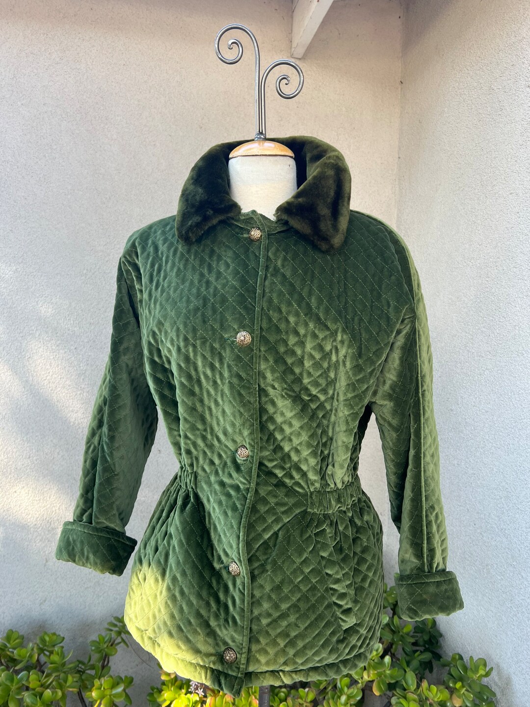 Vintage 80s Quilted Velvet Jacket: Faux Fur Collar, Dark Green, Size S ...