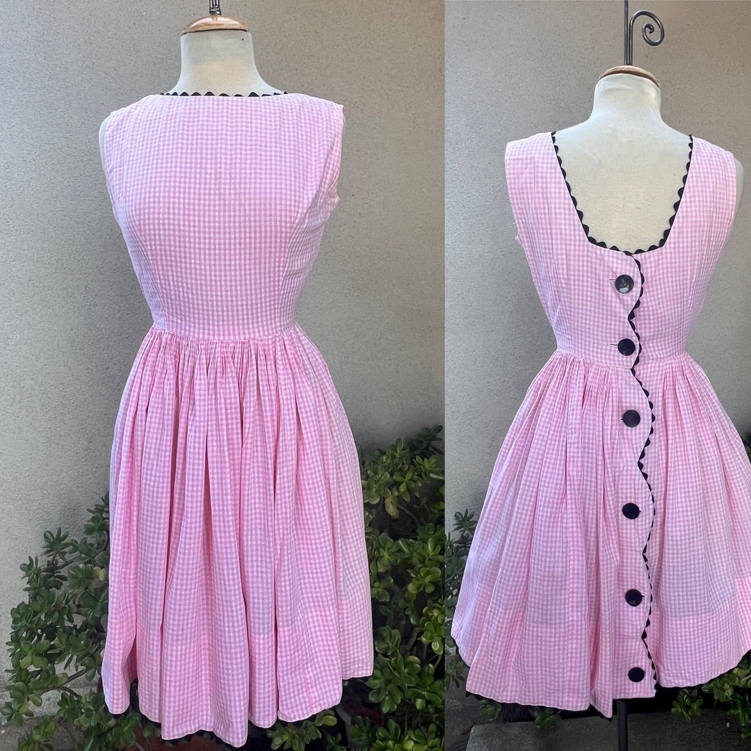 Vintage 60s Gingham Checker Dress Pink White Black Button Back Small - Etsy