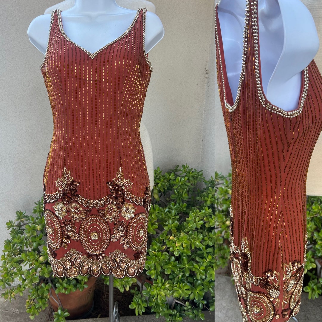 Vintage Glam Dress Mini Beaded Sequins Rust Brown Sz XS - Etsy