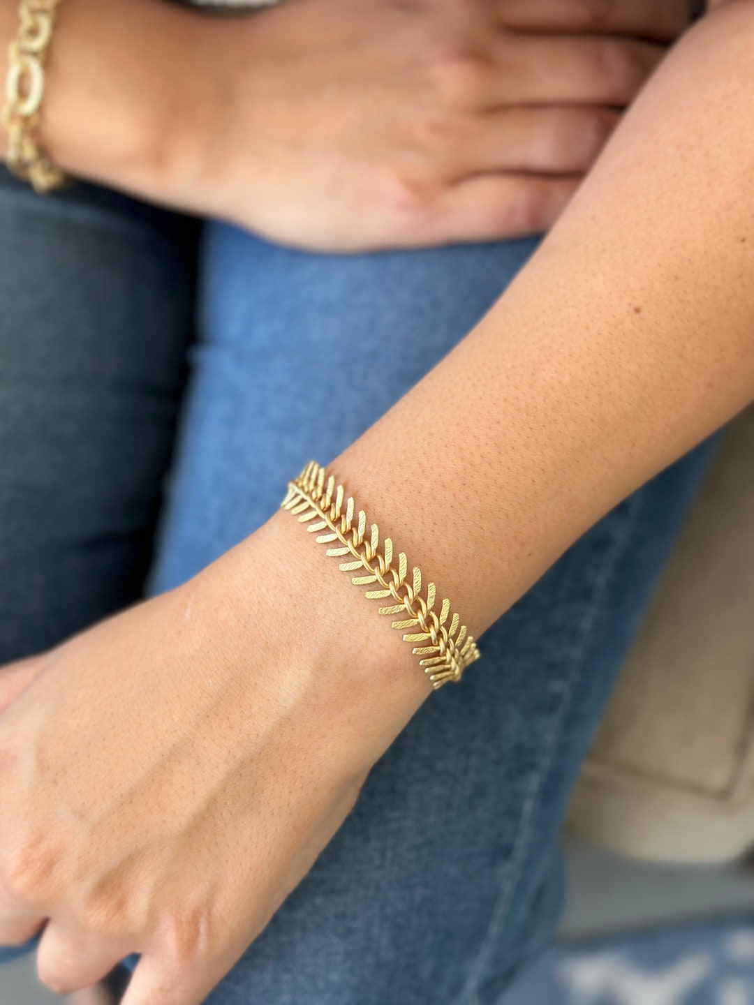 Gold Fishbone Bracelet Stacking Bracelet Statement Bracelet - Etsy