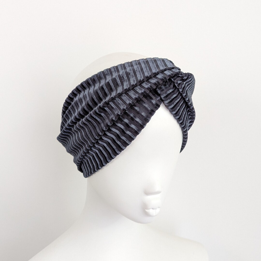 Dark Grey Stripe Luxury Wide Bohemian Velvet Velour Turban Twist ...
