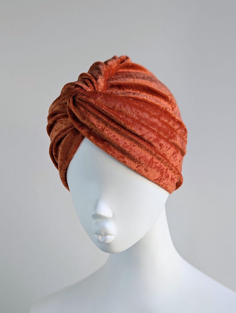Orange Crushed Velvet Twist Front Turban Hat Winter Vintage Style Head ...