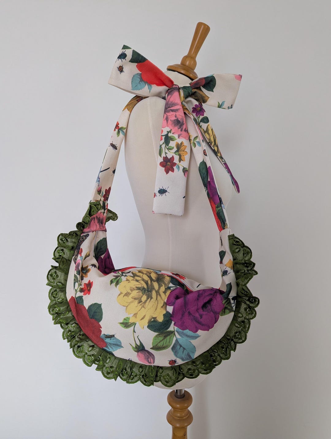 Floral Half Moon Canvas Crossbody Bag - Lace Ruffle Trim & Bow Strap ...