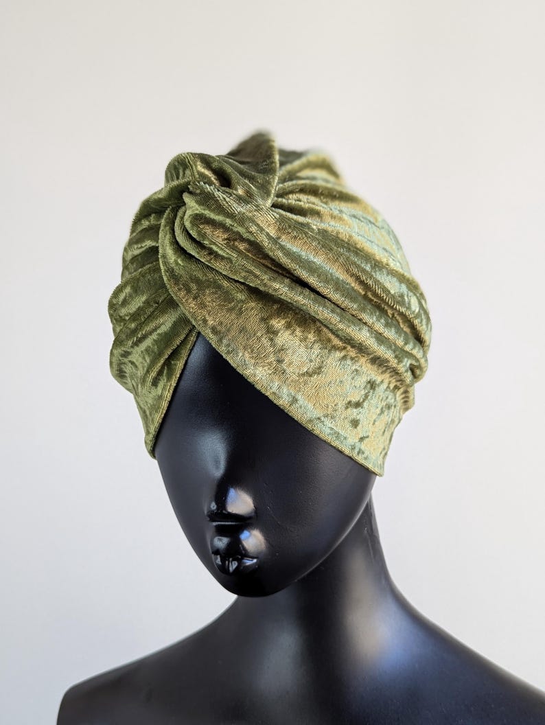 Moss Green Crushed Velvet Twist Front Turban Hat Winter Vintage Style ...