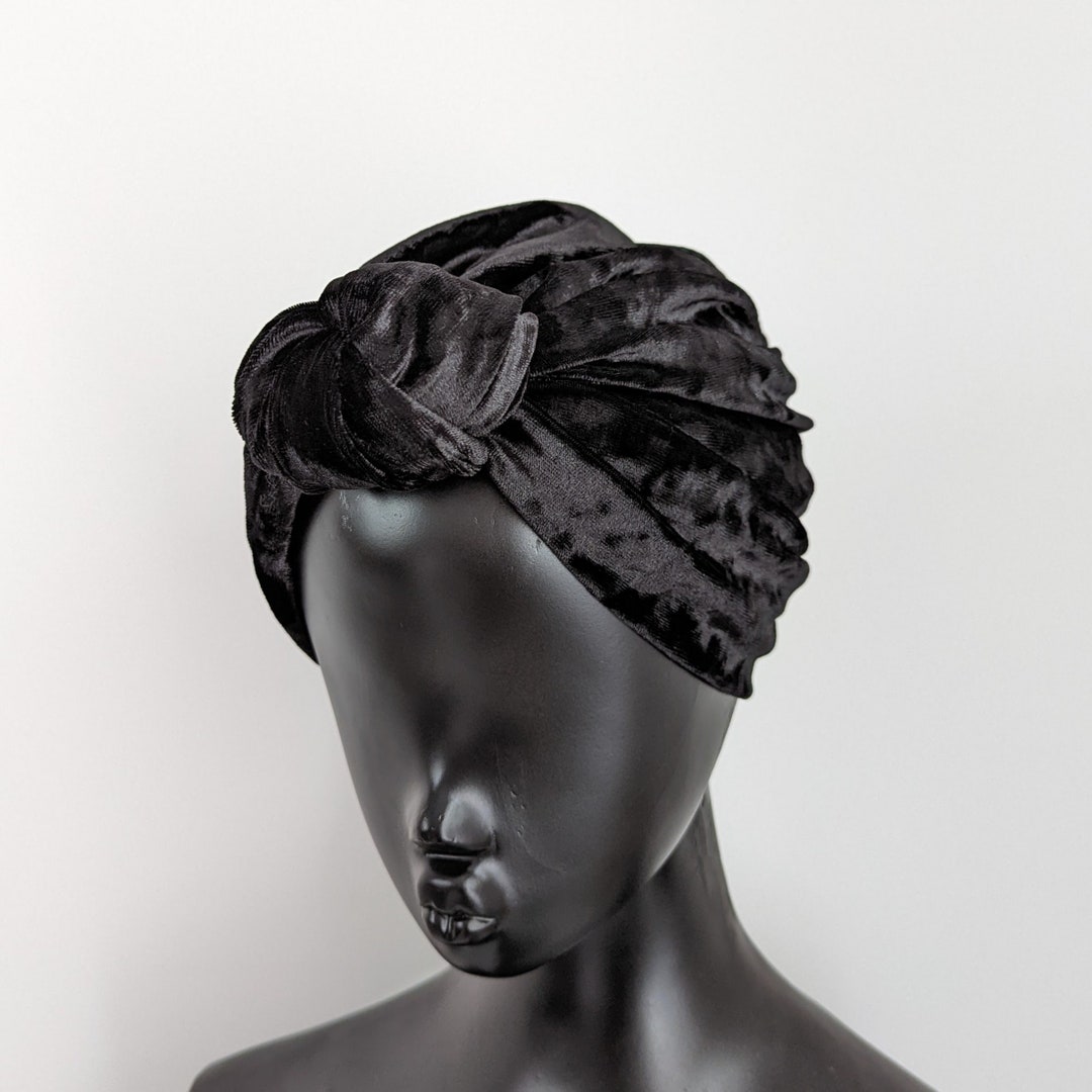 Black Crushed Velvet Turban Hat - Luxury Pre-tied Top Knot Head Wrap ...
