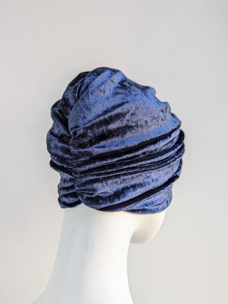 Blue Crushed Velvet Twist Front Turban Hat Winter Vintage Style Head ...