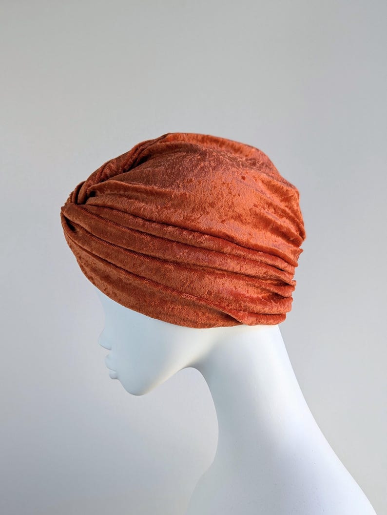 Orange Crushed Velvet Twist Front Turban Hat Winter Vintage Style Head ...