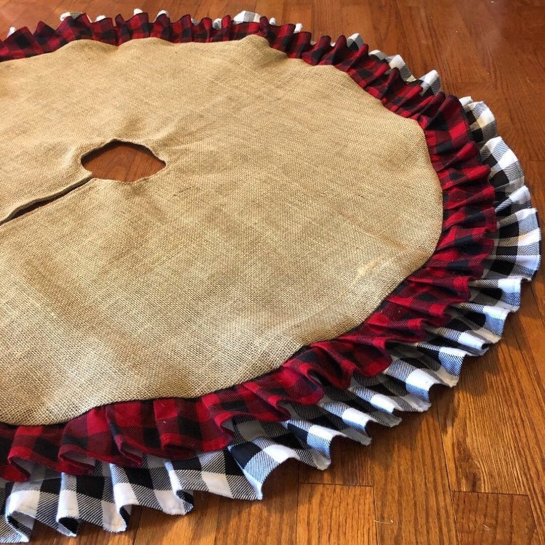 Double Ruffle Burlap & Buffalo Check Christmas Tree Skirt- Natural ...