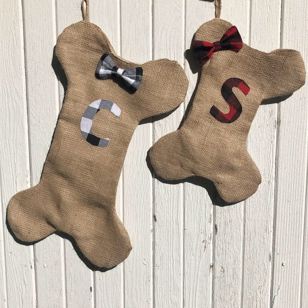 Buffalo Plaid Burlap Dog Bone Christmas Stocking With Bow/bow Tie-red ...