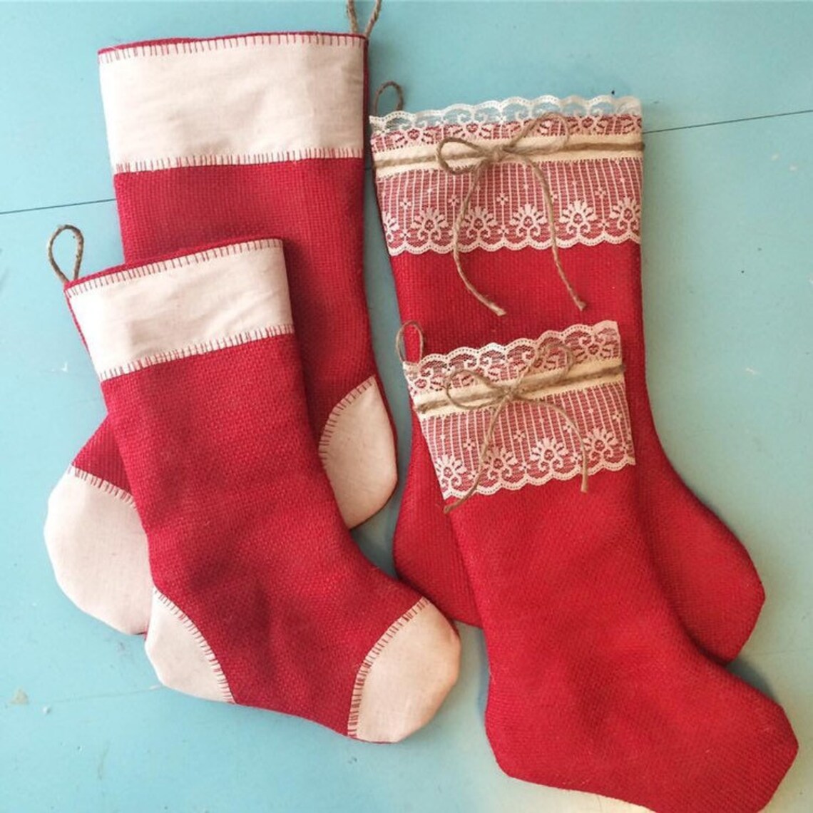 His & Hers-set of 2 Stockings-red Burlap W/ Lace and Red - Etsy