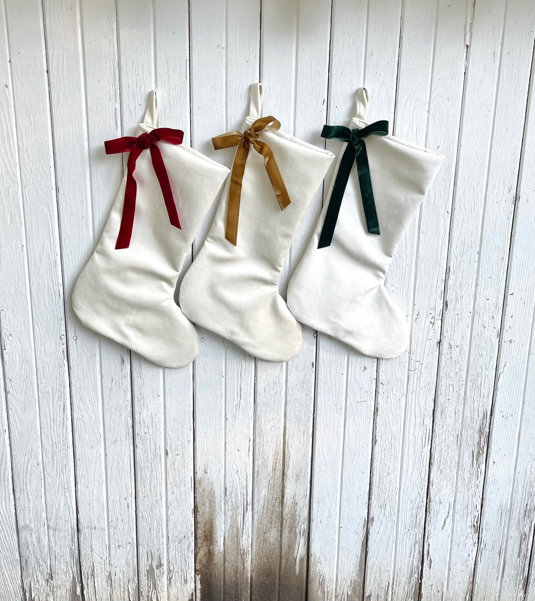 White Velvet Christmas Stocking With Velvet Ribbon Bow- Custom Bow ...