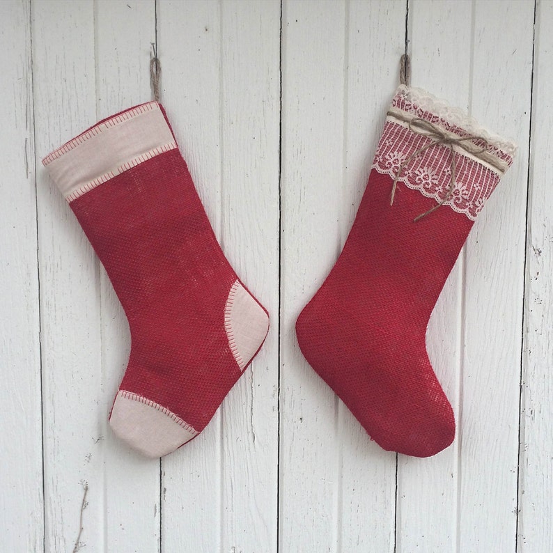 His & Hers-set of 2 Stockings-natural Burlap W/ Lace and Natural Burlap ...