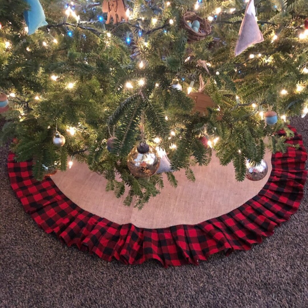 54" Natural Burlap Christmas Tree Skirt W/ Buffalo Plaid Ruffle- Red ...