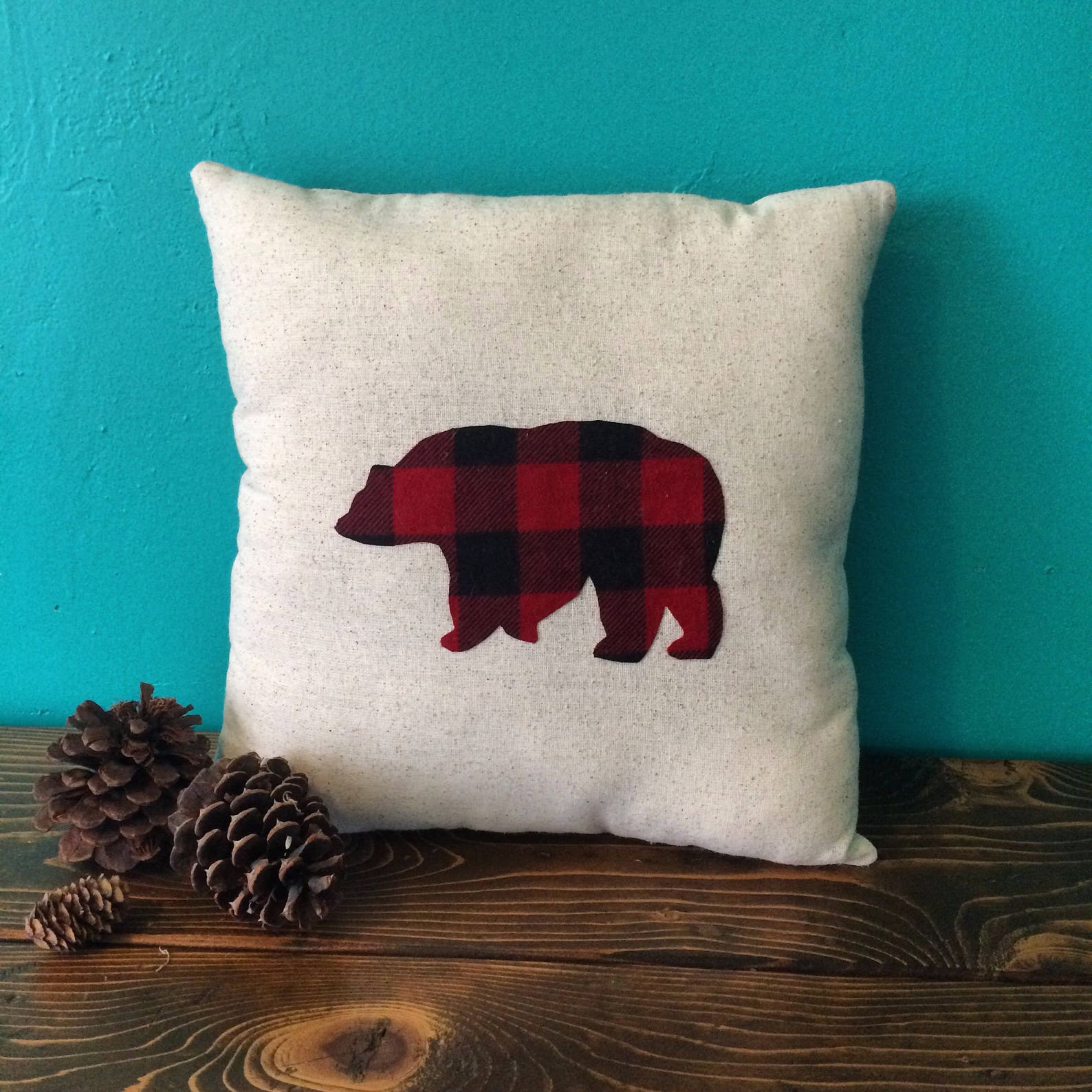 Woodland Themed Buffalo Plaid Applique Pillows on Natural - Etsy