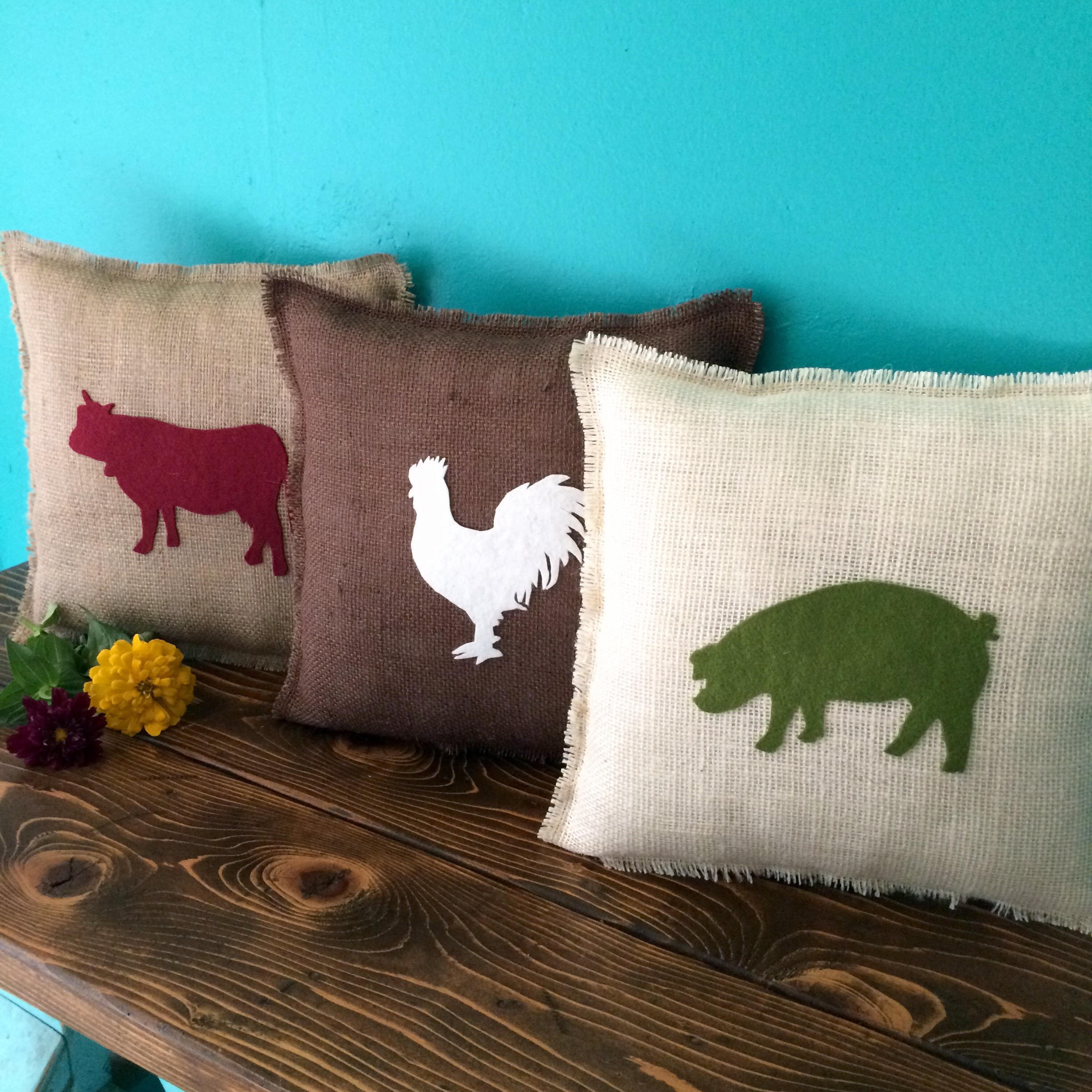 13 x 13 Burlap Pillow w/ Farm Animals- Choose Your Colors-Choose Your ...
