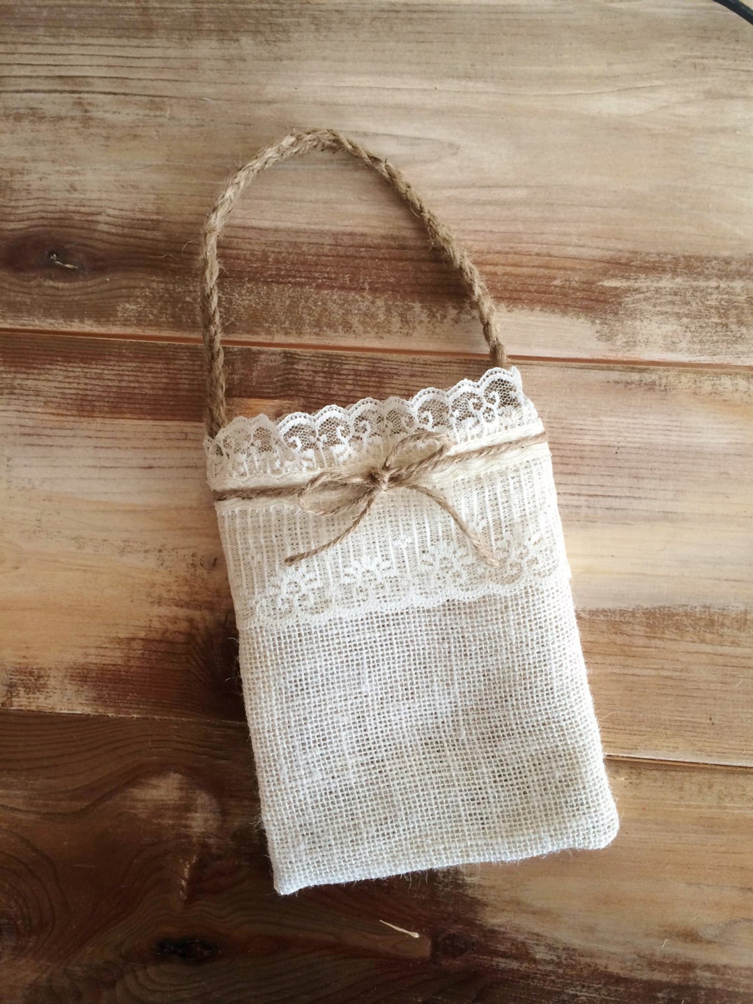 Burlap Flower Girl Bag W/ Cream Lace and Jute Twine Handle - Choose ...