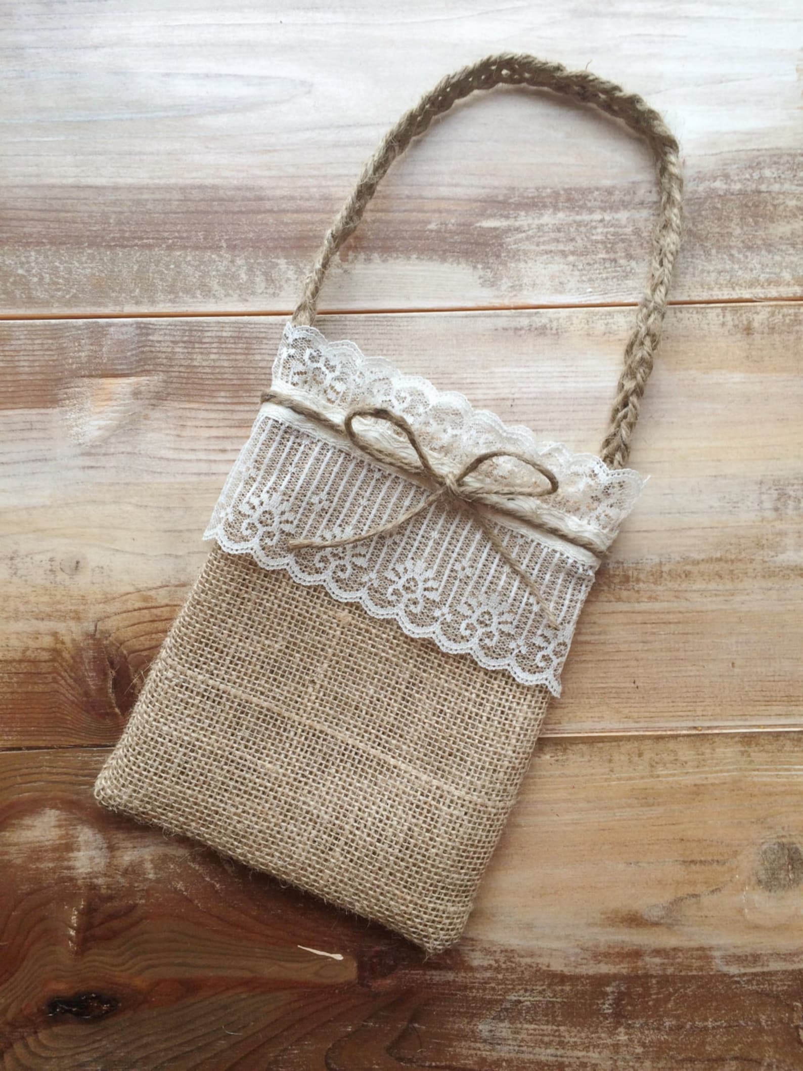 Burlap Flower Girl Bag W/ Cream Lace and Jute Twine Handle - Etsy