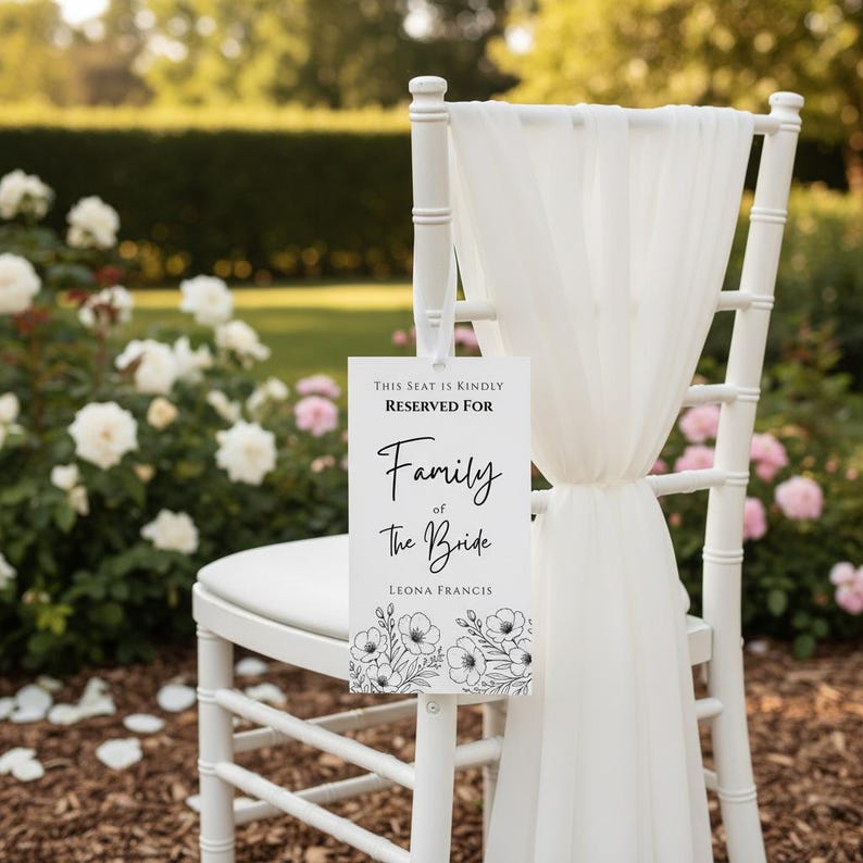 Wedding Reserved Seat Sign Template, Minimal Editable Chair Tag, Floral ...