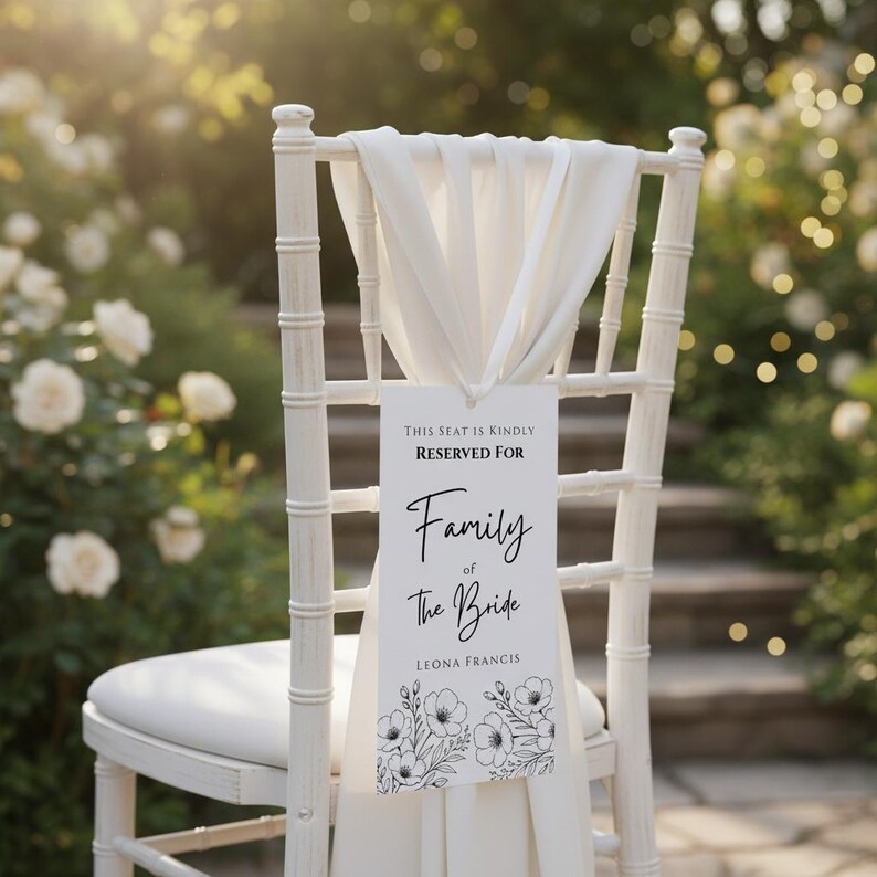 Wedding Reserved Seat Sign Template, Minimal Editable Chair Tag, Floral ...