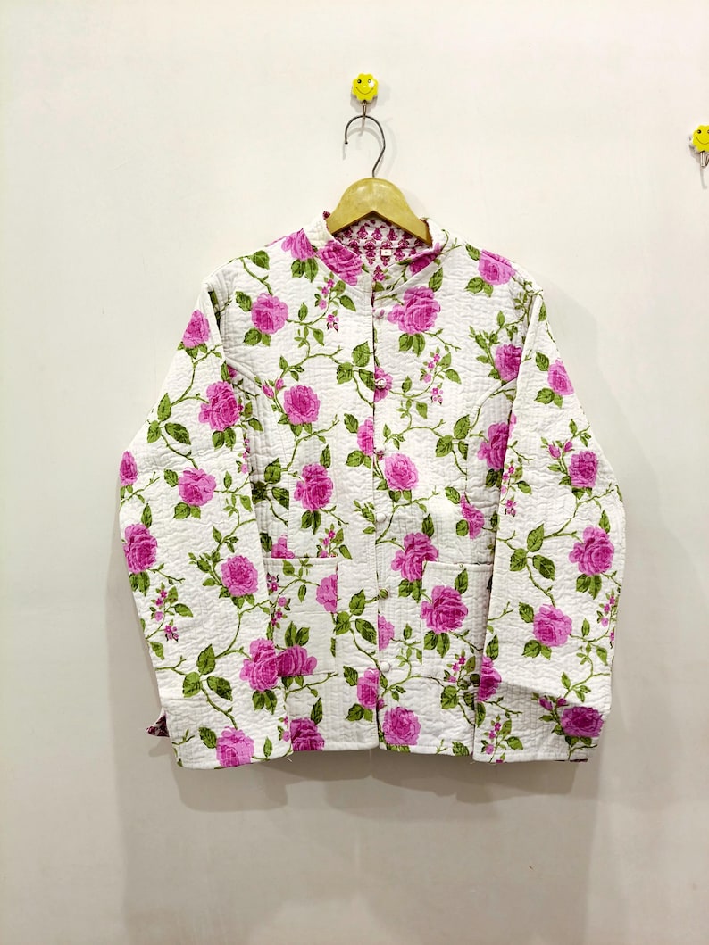 Pink Floral Quilted Jacket, Handmade Cotton Cottagecore Coat, Boho ...