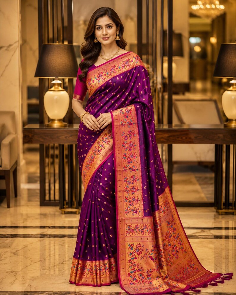 Paithani Silk Saree, Zari Woven Floral Border, Festive Wedding Saree ...