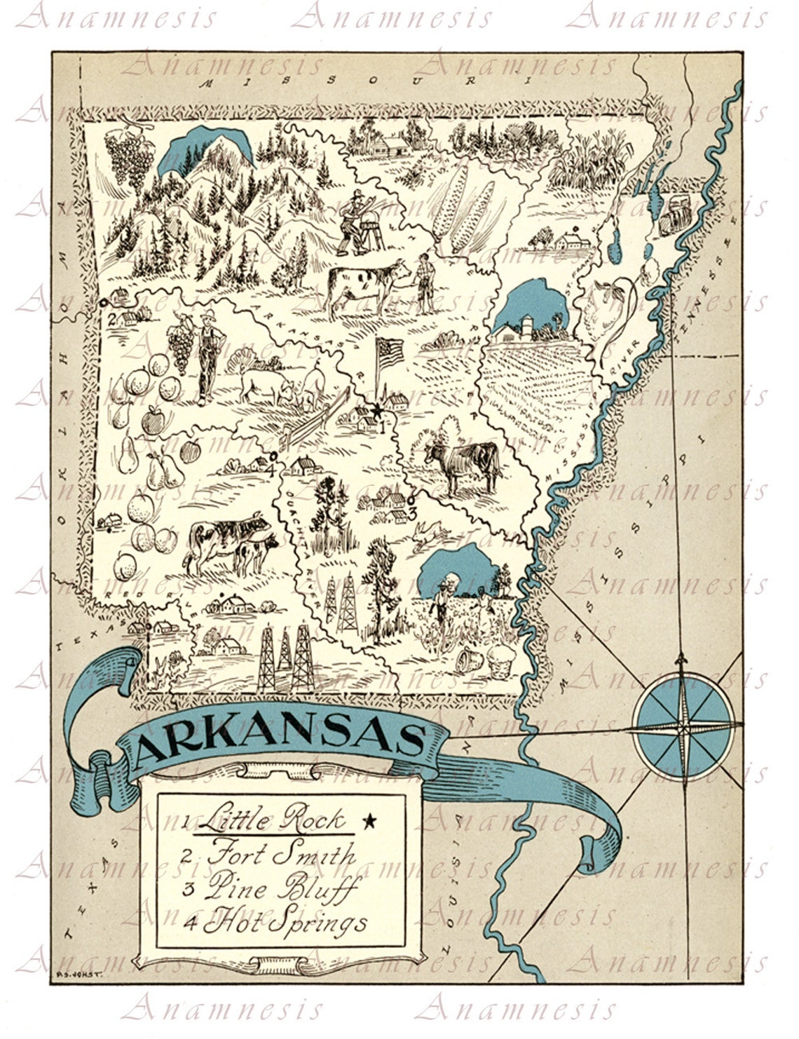 ARKANSAS MAP - Instant Digital Download - Printable Vintage State Map ...
