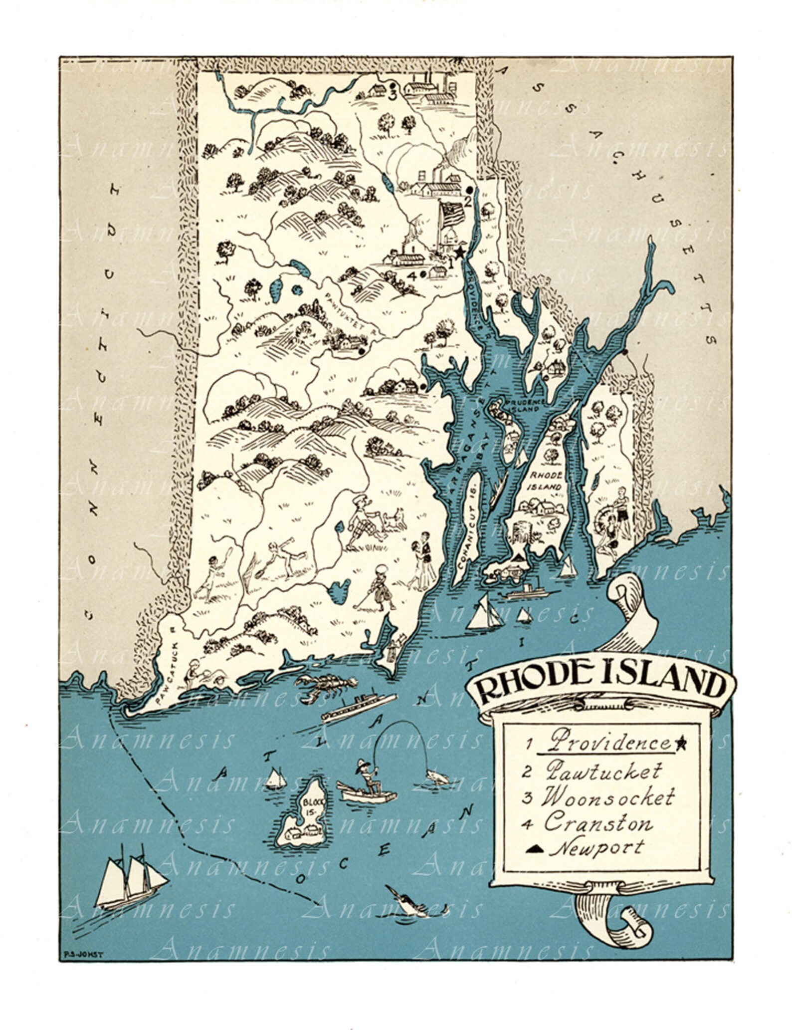 RHODE ISLAND MAP Print - Instant Digital Download - Printable Vintage ...