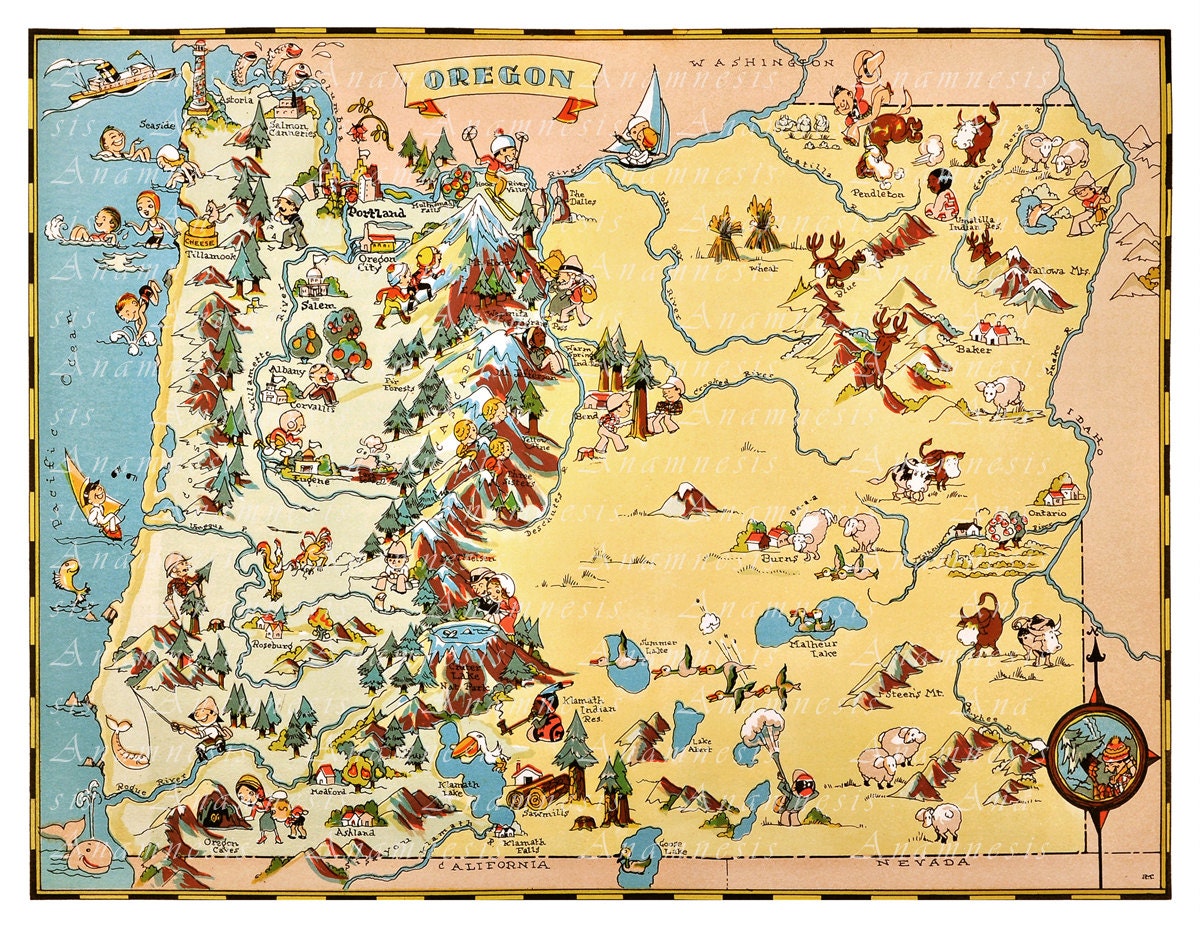 OREGON MAP High Res Digital Image Retro Picture Map to Print and Frame ...
