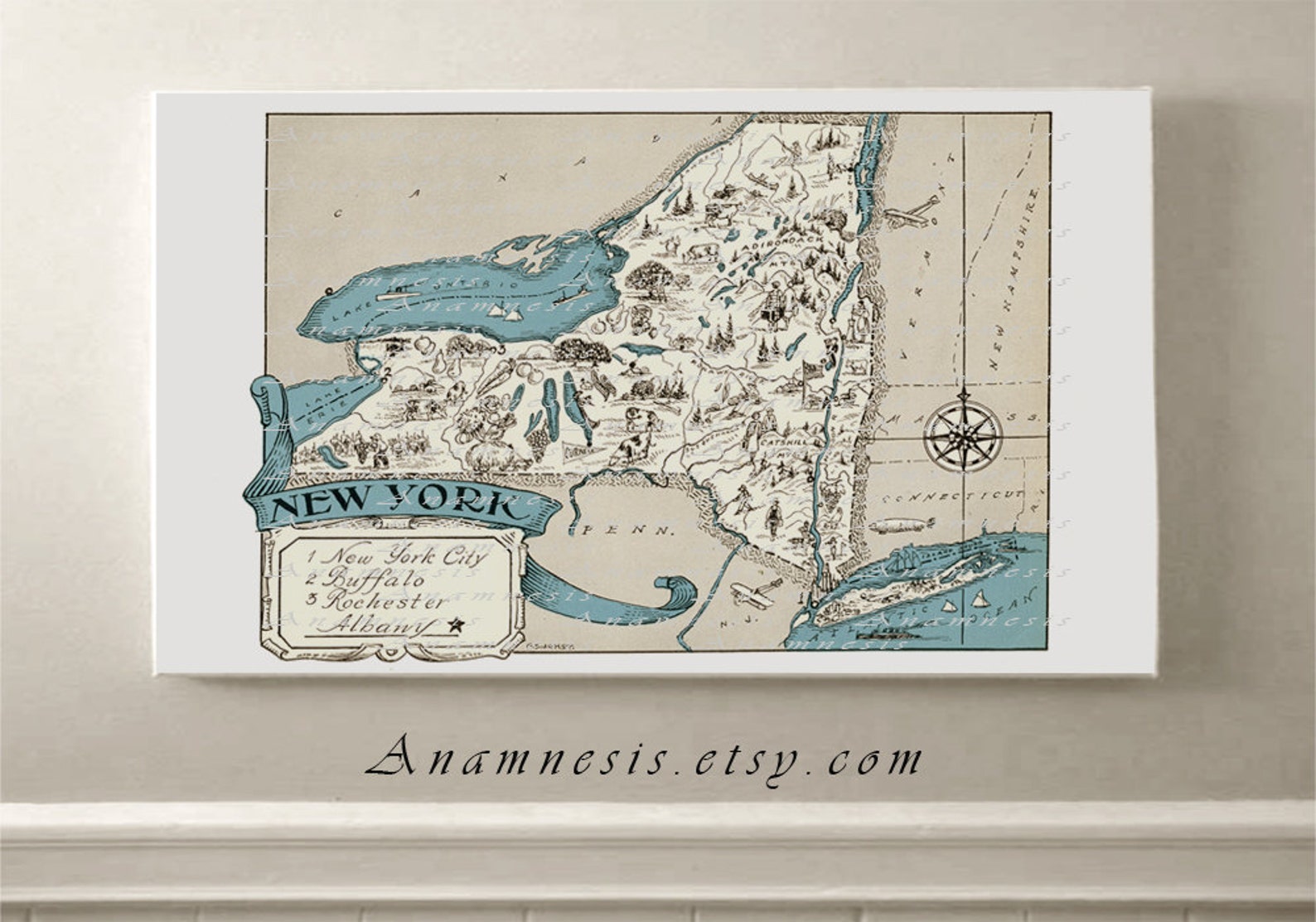 NEW YORK MAP Instant Digital Download Printable Vintage State Map for ...