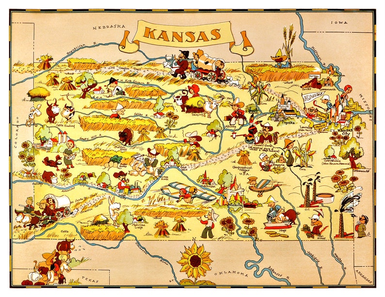 KANSAS MAP High Res Digital Image Fun Picture Map to Print and Frame ...
