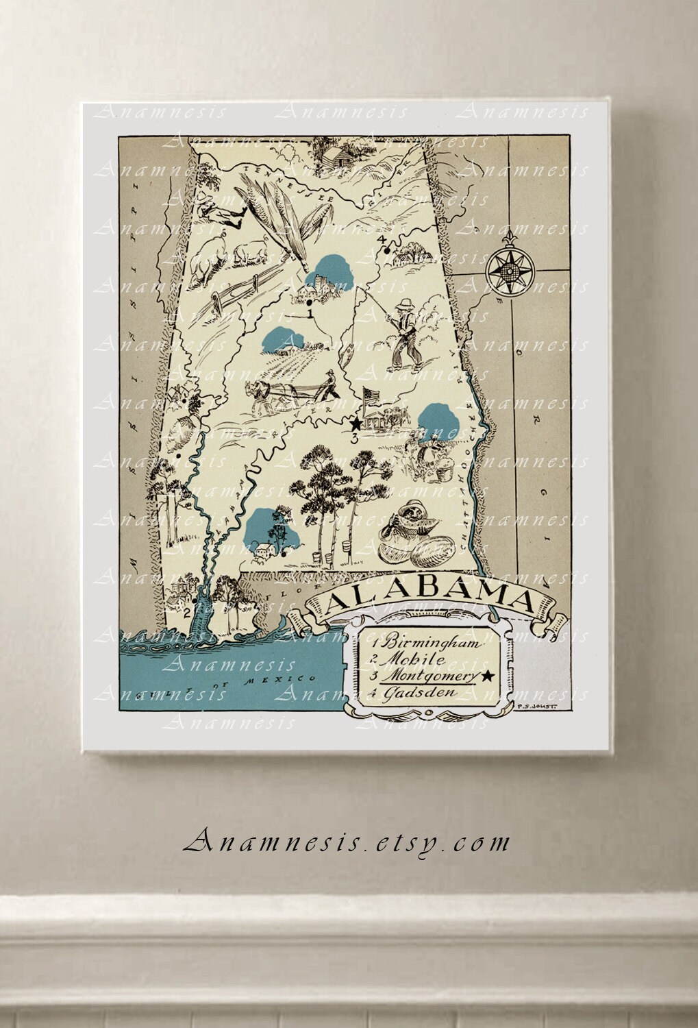 ALABAMA MAP Instant Digital Download Printable Vintage Picture Map for ...