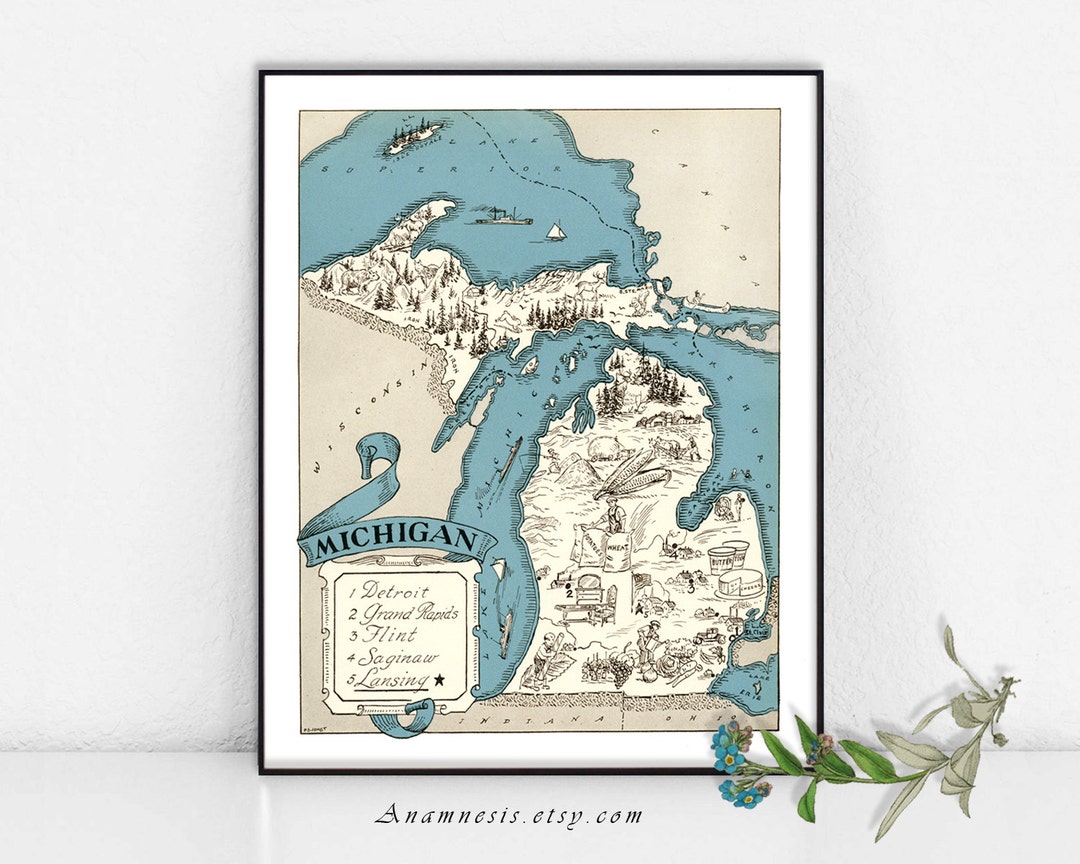 Fun MICHIGAN MAP - Instant Digital Download - Printable Vintage State ...