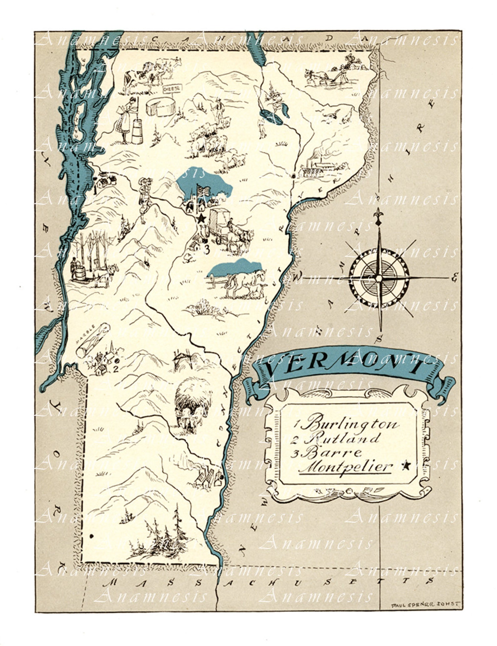 VERMONT MAP - Instant Digital Download - Vintage Printable State Map ...