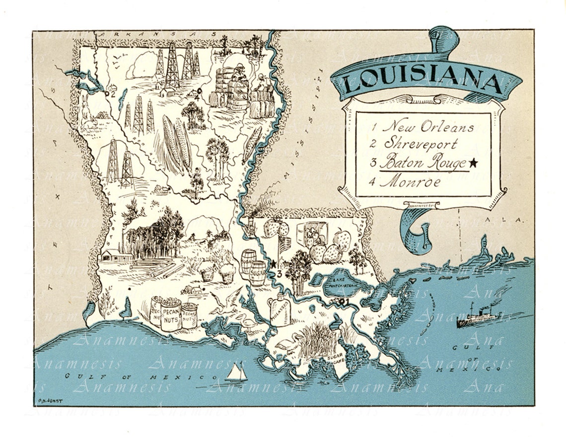LOUISIANA MAP - Instant Digital Download - Printable Vintage Map for ...