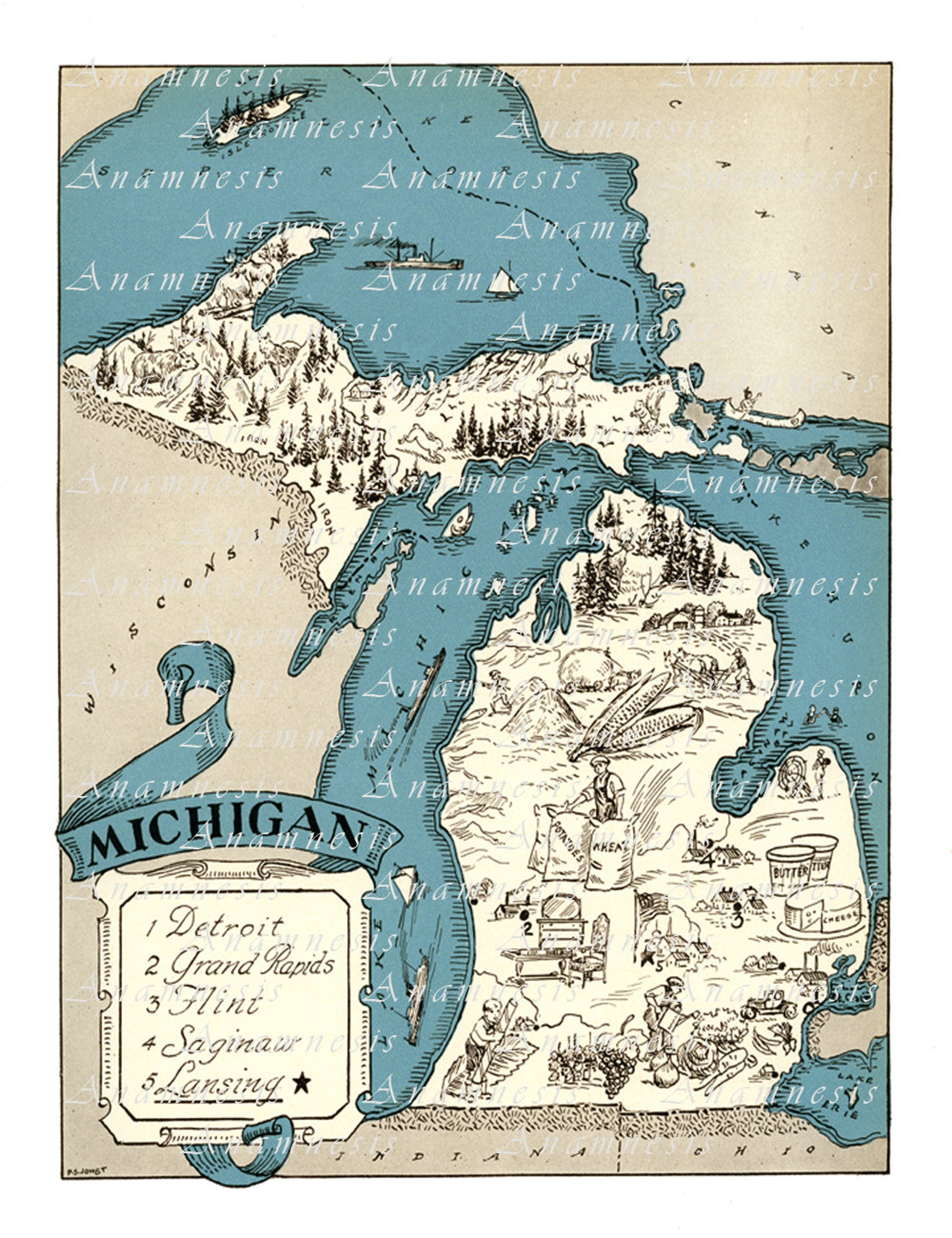 MICHIGAN MAP Print Enhanced Digital Image Download Printable Vintage ...