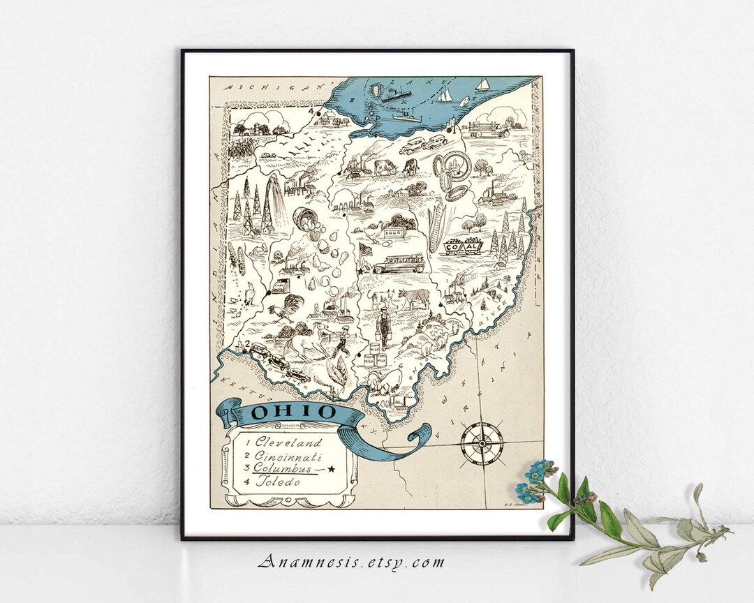 OHIO MAP - Enhanced High Res Digital Image Download - Printable Vintage ...