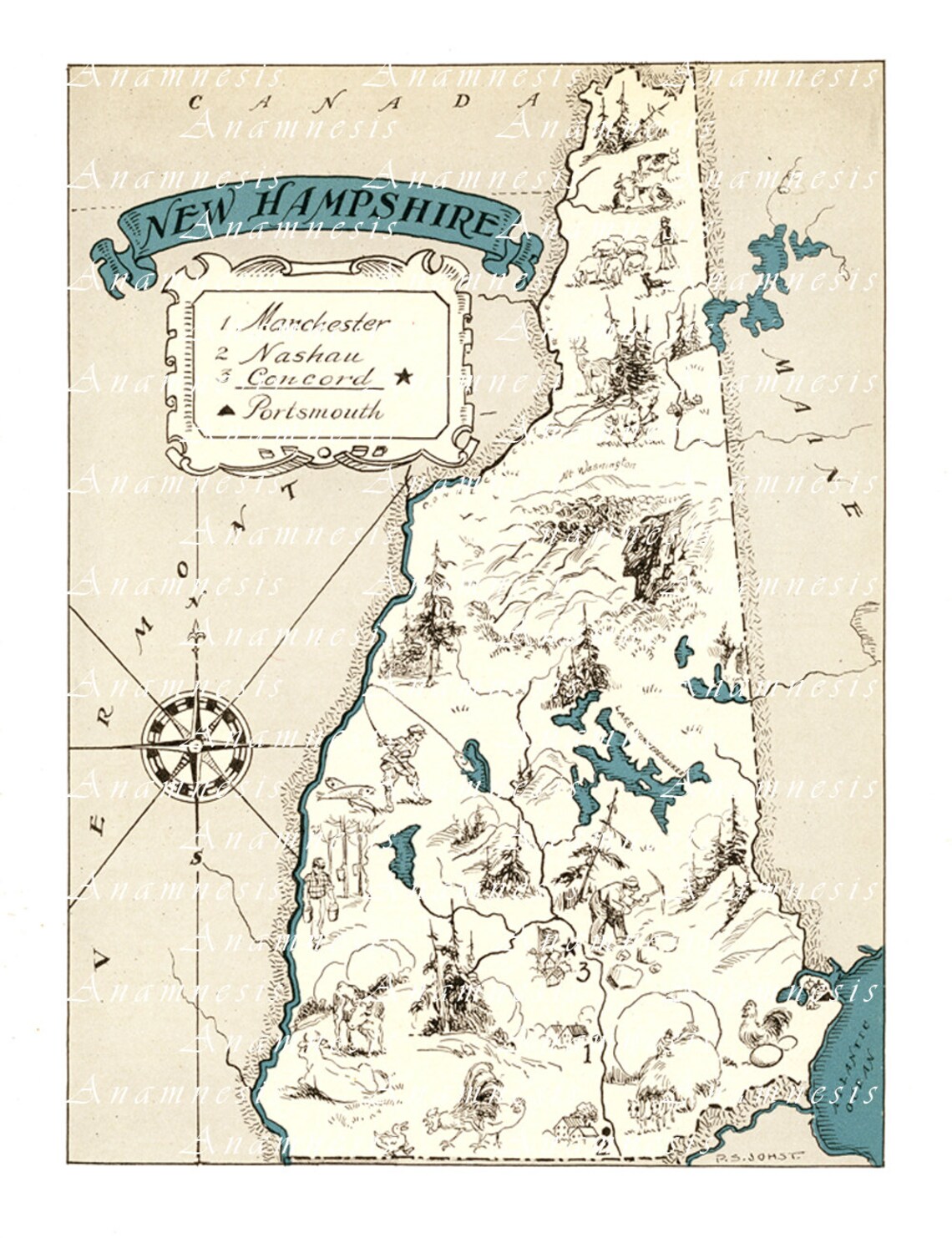 NEW HAMPSHIRE MAP - Instant Digital Download - Printable Vintage State ...