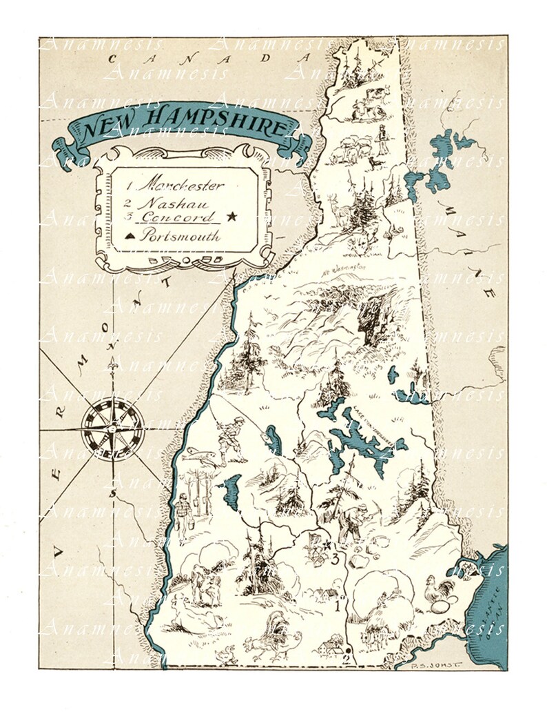NEW HAMPSHIRE MAP - Instant Digital Download - Printable Vintage State ...