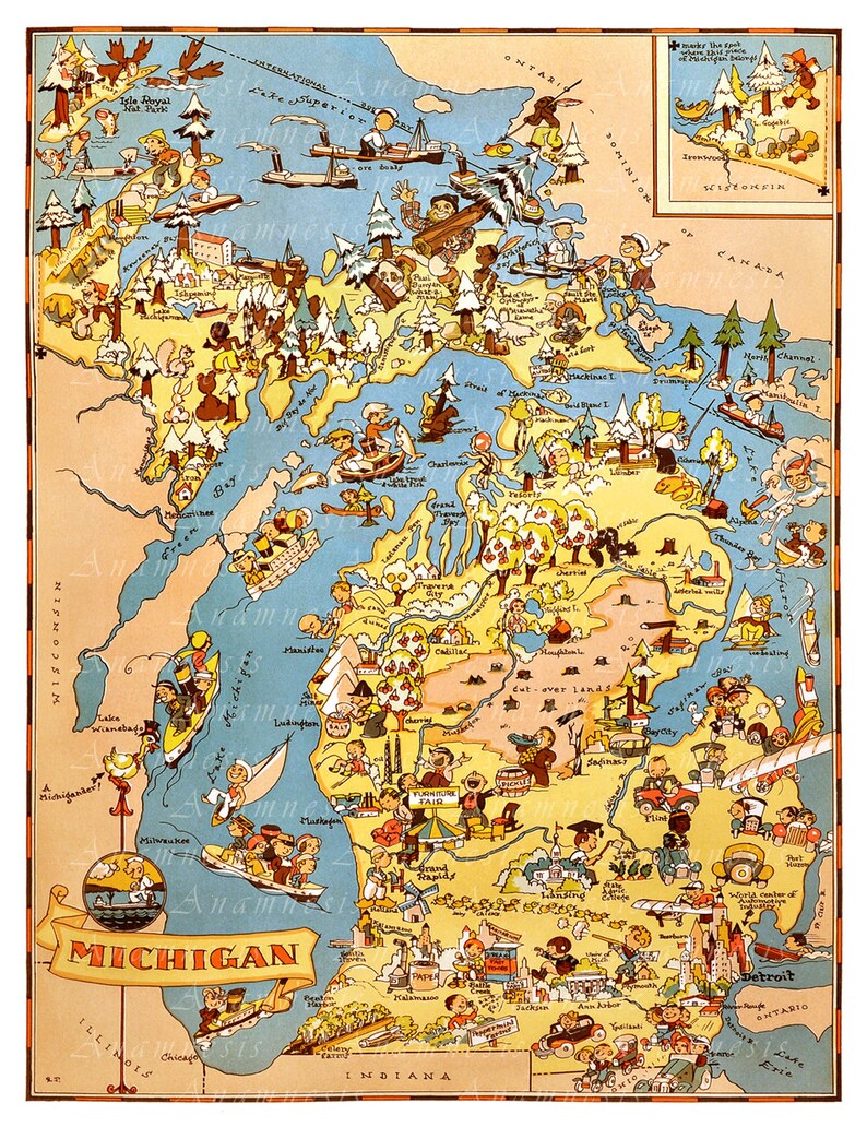 MICHIGAN MAP High Res Digital Image Fun Picture Map to Print and Frame ...