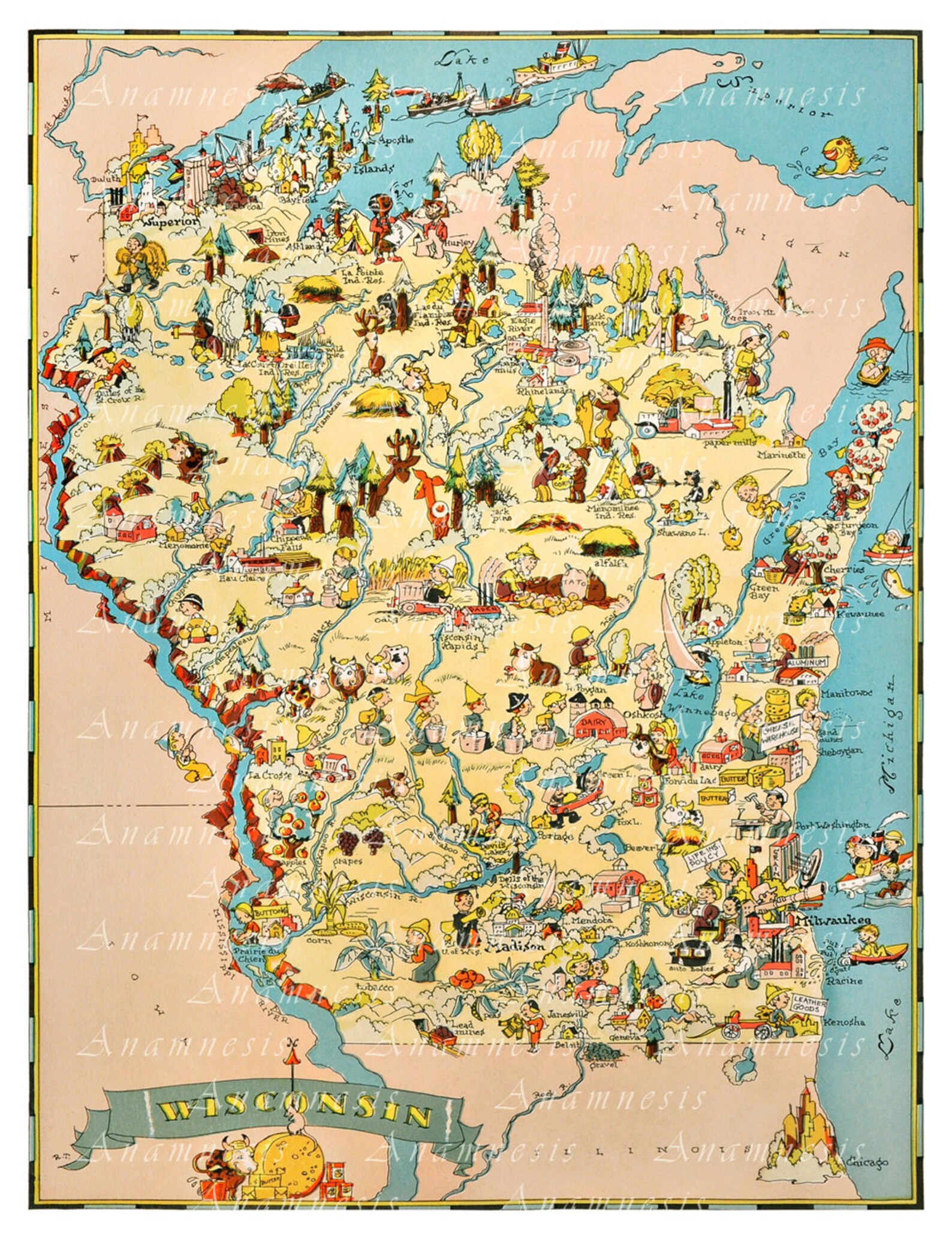 WISCONSIN MAP - High Res Digital Image - Retro Picture Map to Print and ...