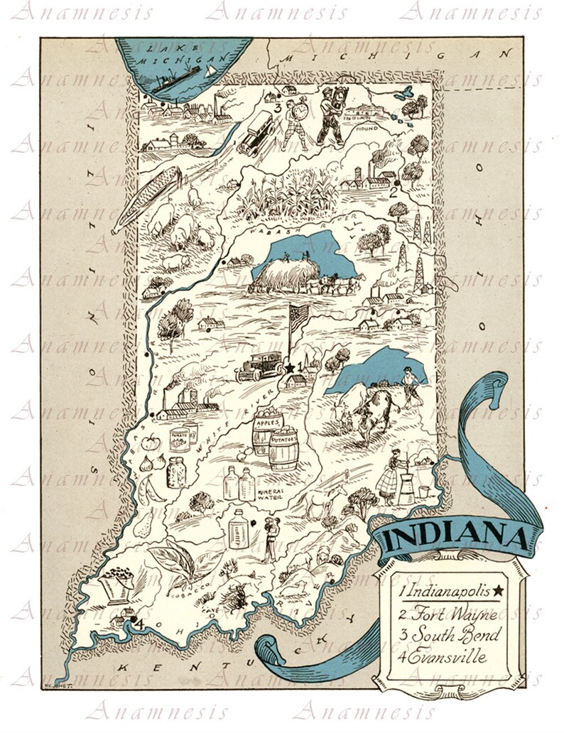 INDIANA MAP Instant Digital Download Printable Picture Map Illustration ...