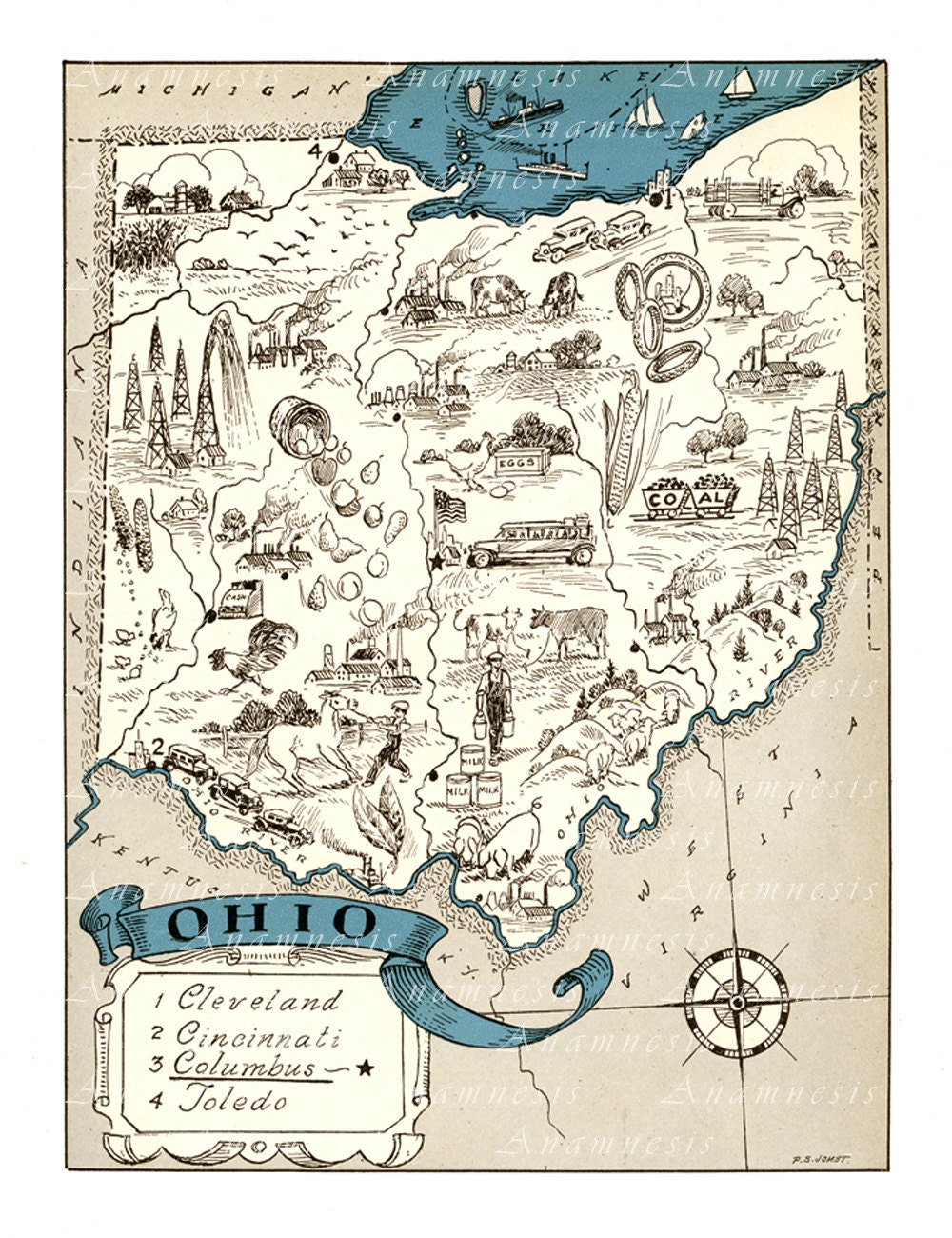 OHIO MAP Enhanced High Res Digital Image Download Printable Vintage ...