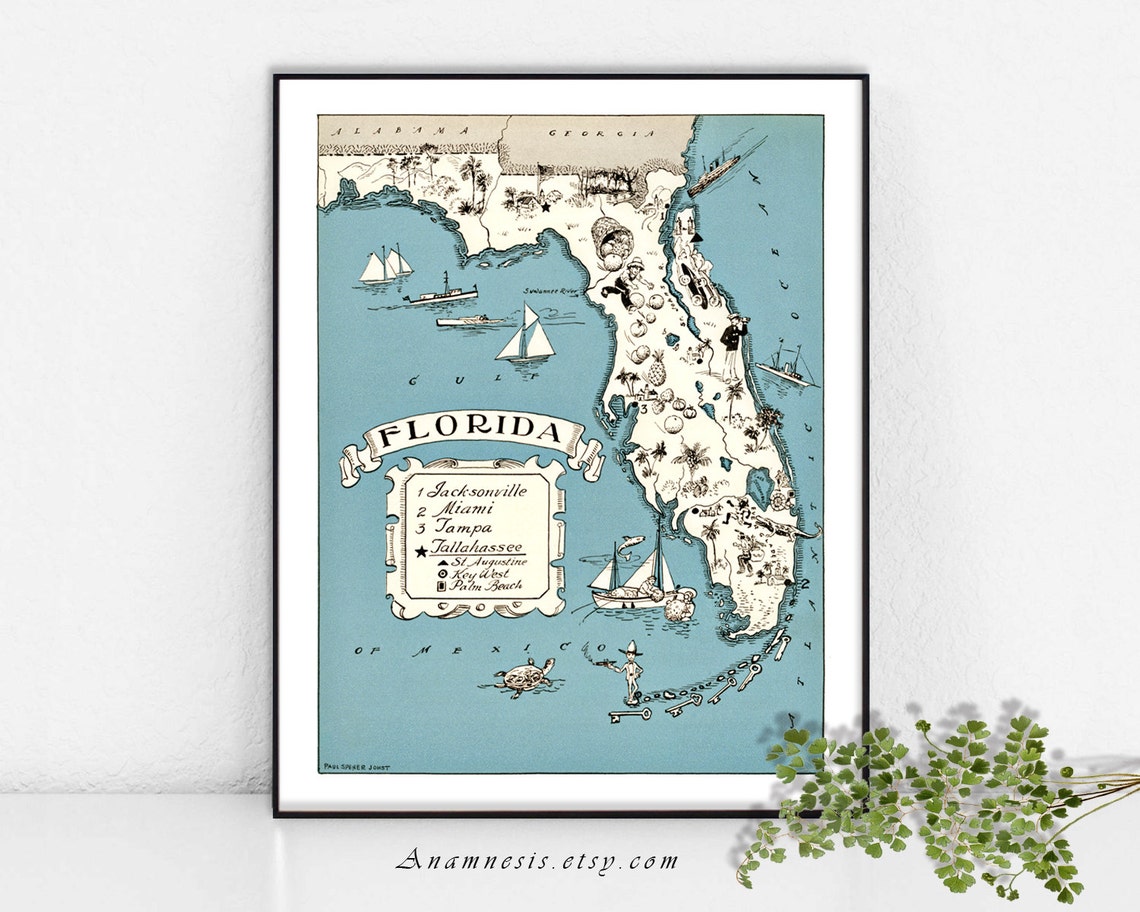 VINTAGE FLORIDA MAP High Res Digital Image Large Printable Picture Map ...