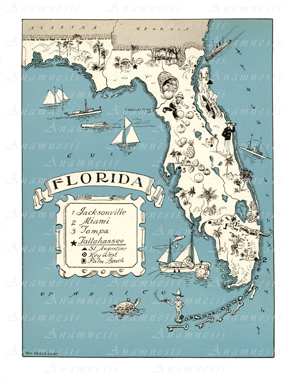 VINTAGE FLORIDA MAP - High Res Digital Image - Large Printable Picture ...