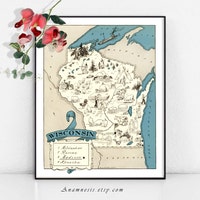 Wisconsin US State Blue Minimal Style Map Print, Wisconsin USA State ...