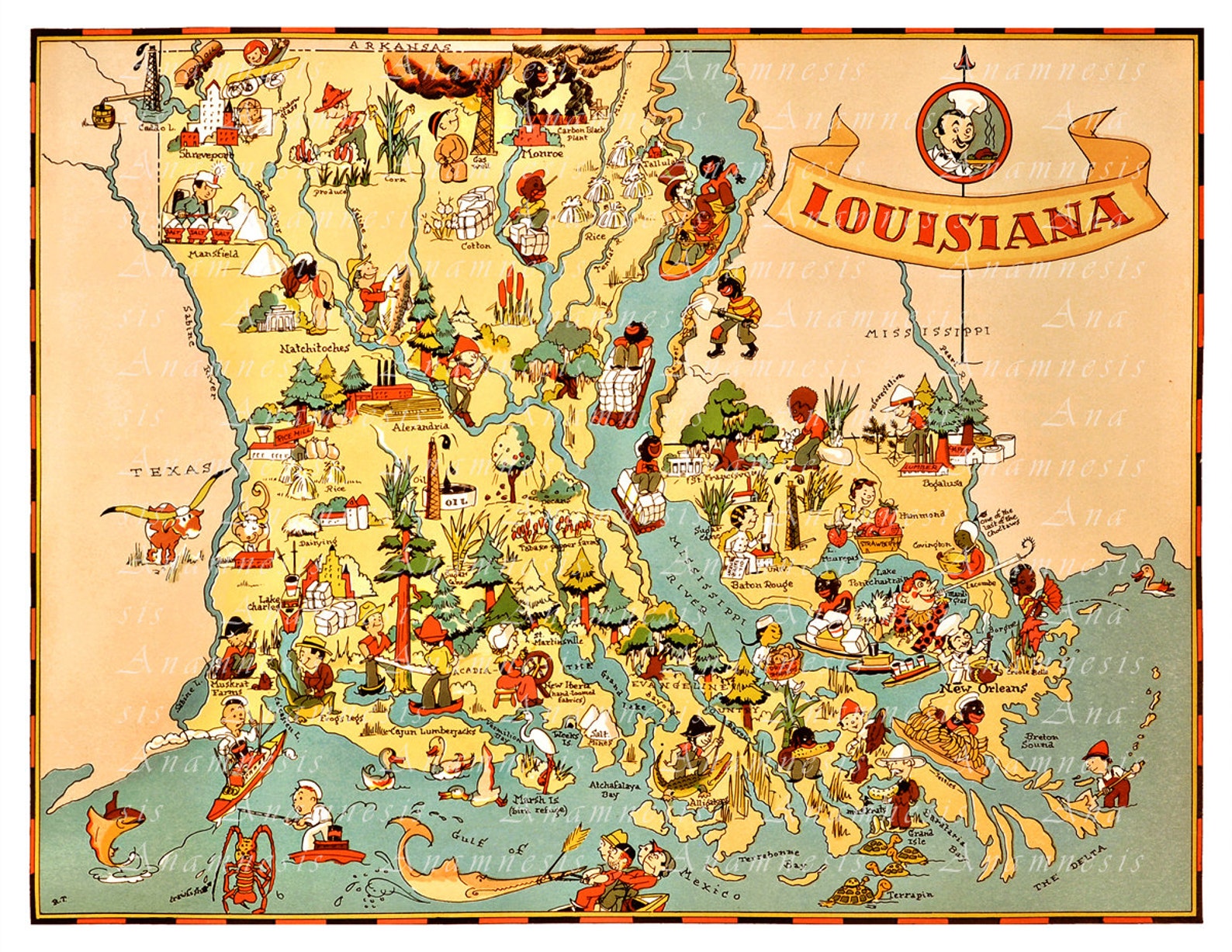 LOUISIANA MAP - High Res Digital Image - Fun Picture Map to Print and ...