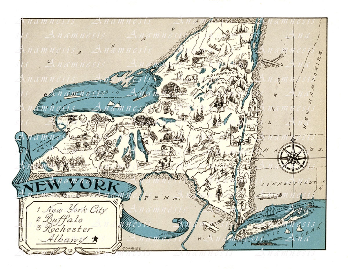 NEW YORK MAP Instant Digital Download Printable Vintage State Map for ...
